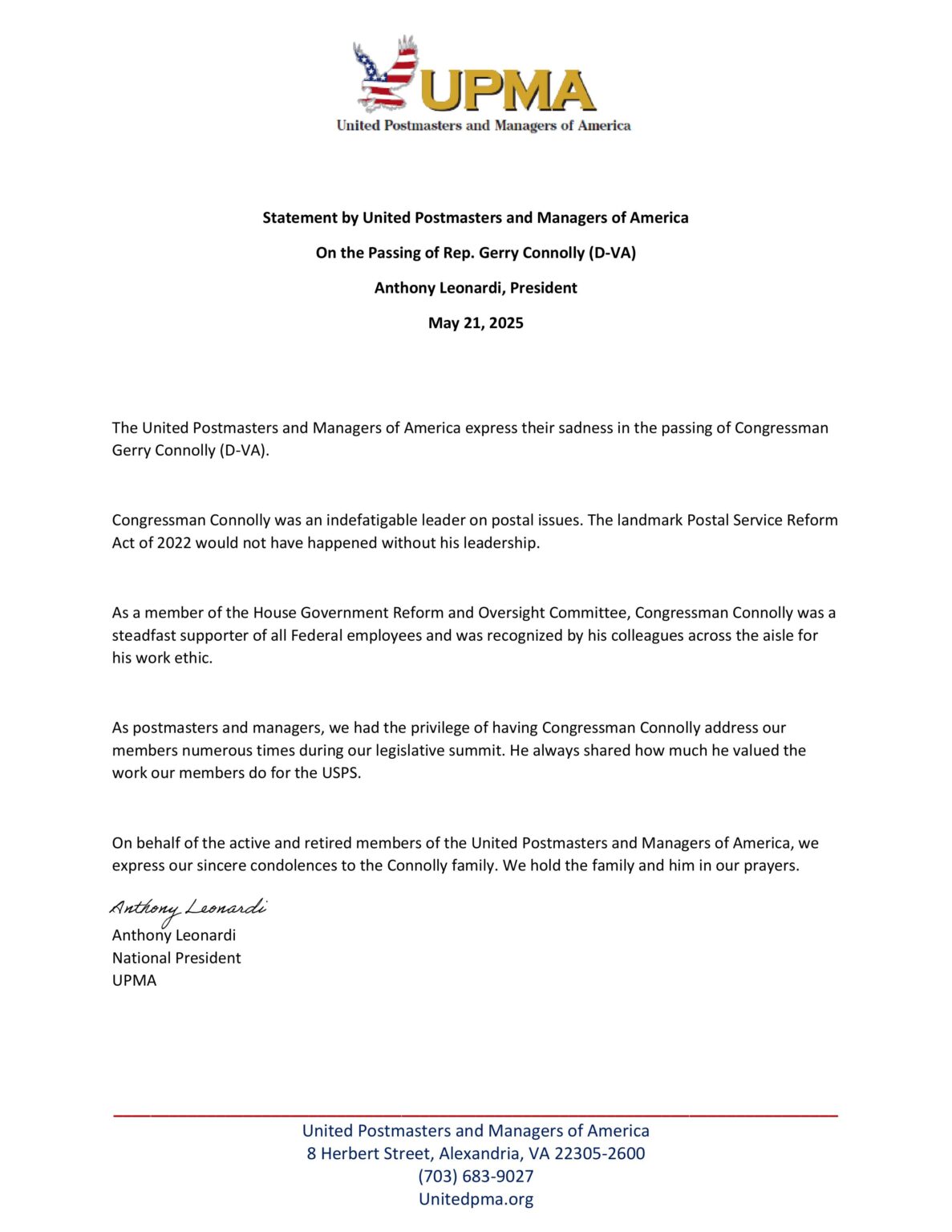 Statement by United Postmasters and Managers of America On the Passing ...